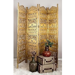 Deco 79 Wooden Scroll Handmade Partition Room Divider Screen Hinged Foldable Partition 4 Panel Privacy Screen with Carved Elephant Accents, Room Partition 80" x 1" x 72", Gold