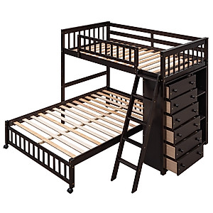 Harper & Bright Designs Twin Over Full Bunk Bed with 6 Storage Drawers and 3 Shelves, Wood Twin Loft Bed with Movable Lower Bed, No Box Spring Needed(Espresso, Bottom Bed with Wheels)