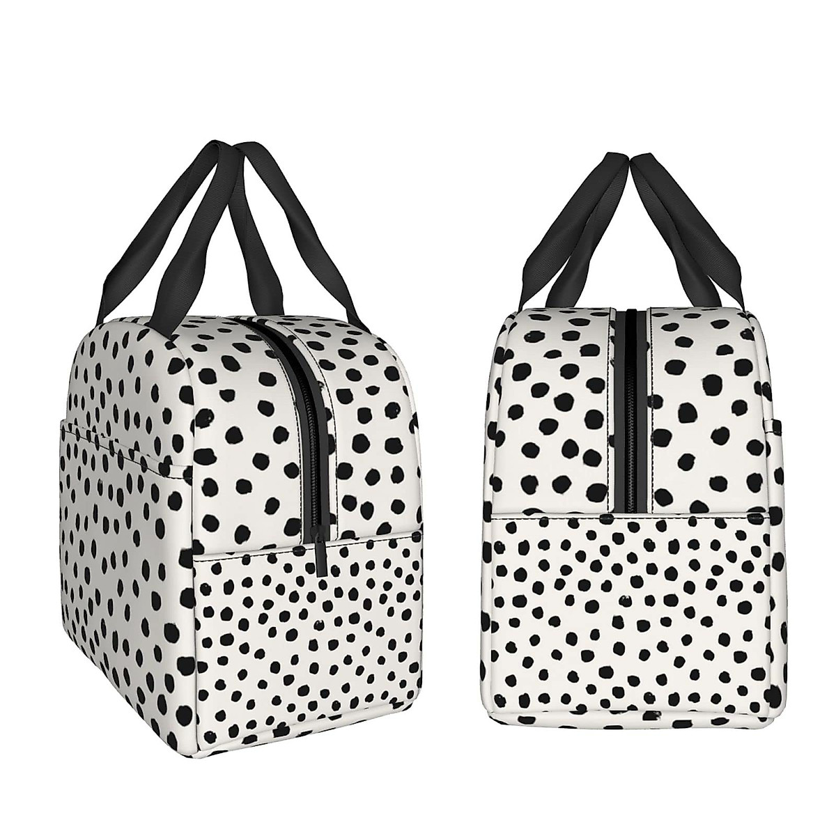 Insulated Lunch Bag Reusable Lunch Box, Cooler Lunch Tote Bag with Front Pocket for Picnic Office Work, Cute Black And White Polka Dot