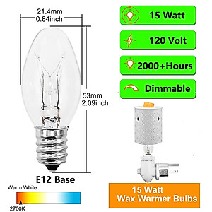 Wax Warmer Bulbs,15 Watt E12 Base Light Bulbs for Scentsy Wax Warmer,C7 Replacement Bulbs for Plug in in Wax Diffuser,Warm White-Dimmable -Himalayan Salt Lamp Bulbs,15 Packs