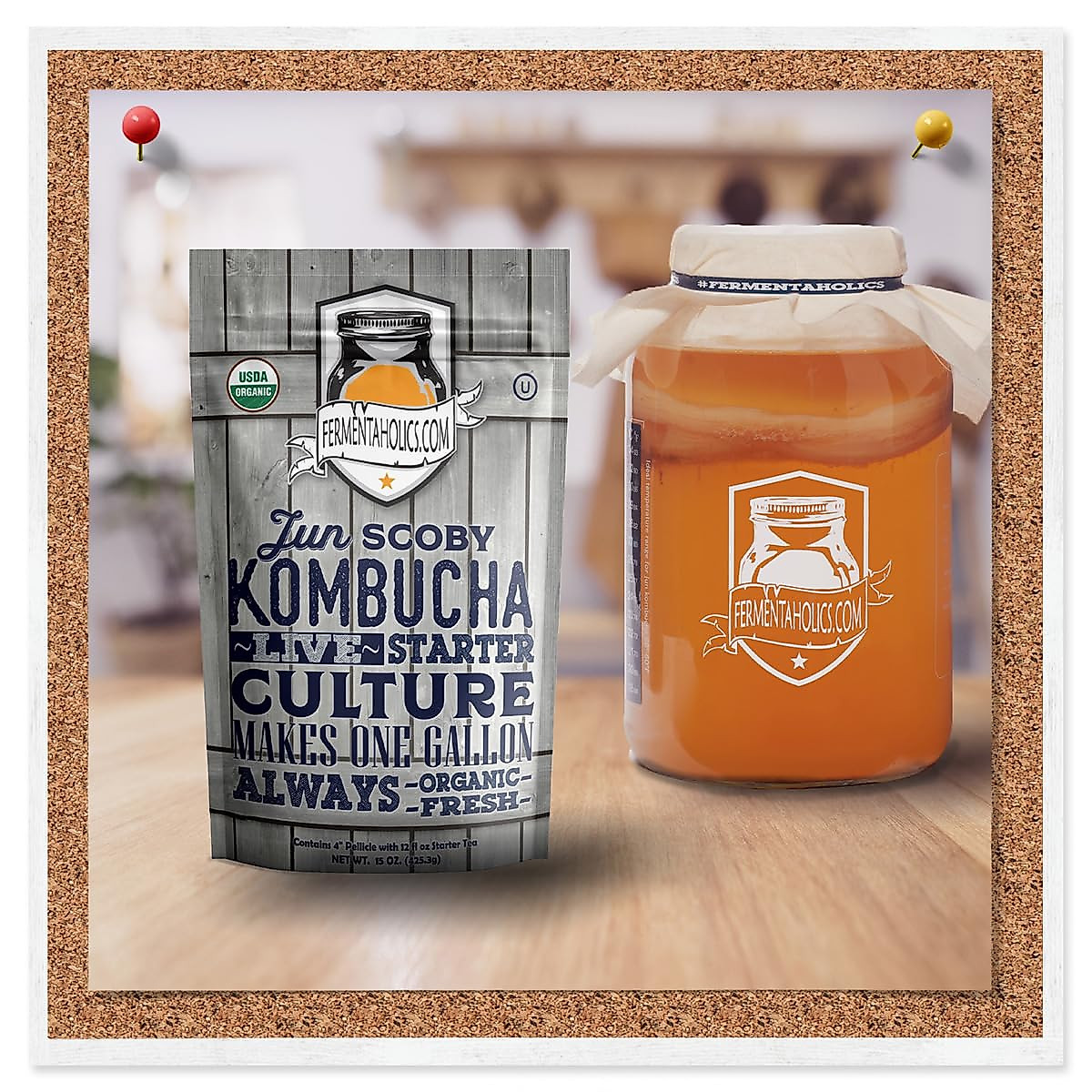 Printed Kombucha Jar 2 Pack - 1 Gallon Glass Jars for Homebrewing- Brew Notes Printed On Jar - Includes Muslin Cover, Rubber Band, Temp Strip - Lid Included for Storage - Perfect Home For Your SCOBY