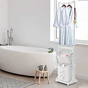 Laundry Cart with Wheels and Hanging Rack Rolling Laundry Basket with Clothes Rack Laundry Butler with Wire Storage Rack Coat Rack for Bedroom Hallway Laundry