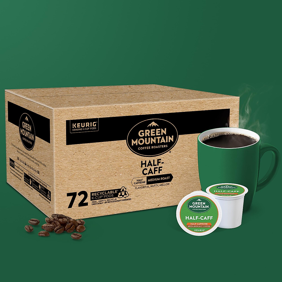 Green Mountain Coffee Roasters Half Caff, Single-Serve Keurig K-Cup Pods, Medium Roast Coffee, 12 Count (Pack of 6), Total 72 Count