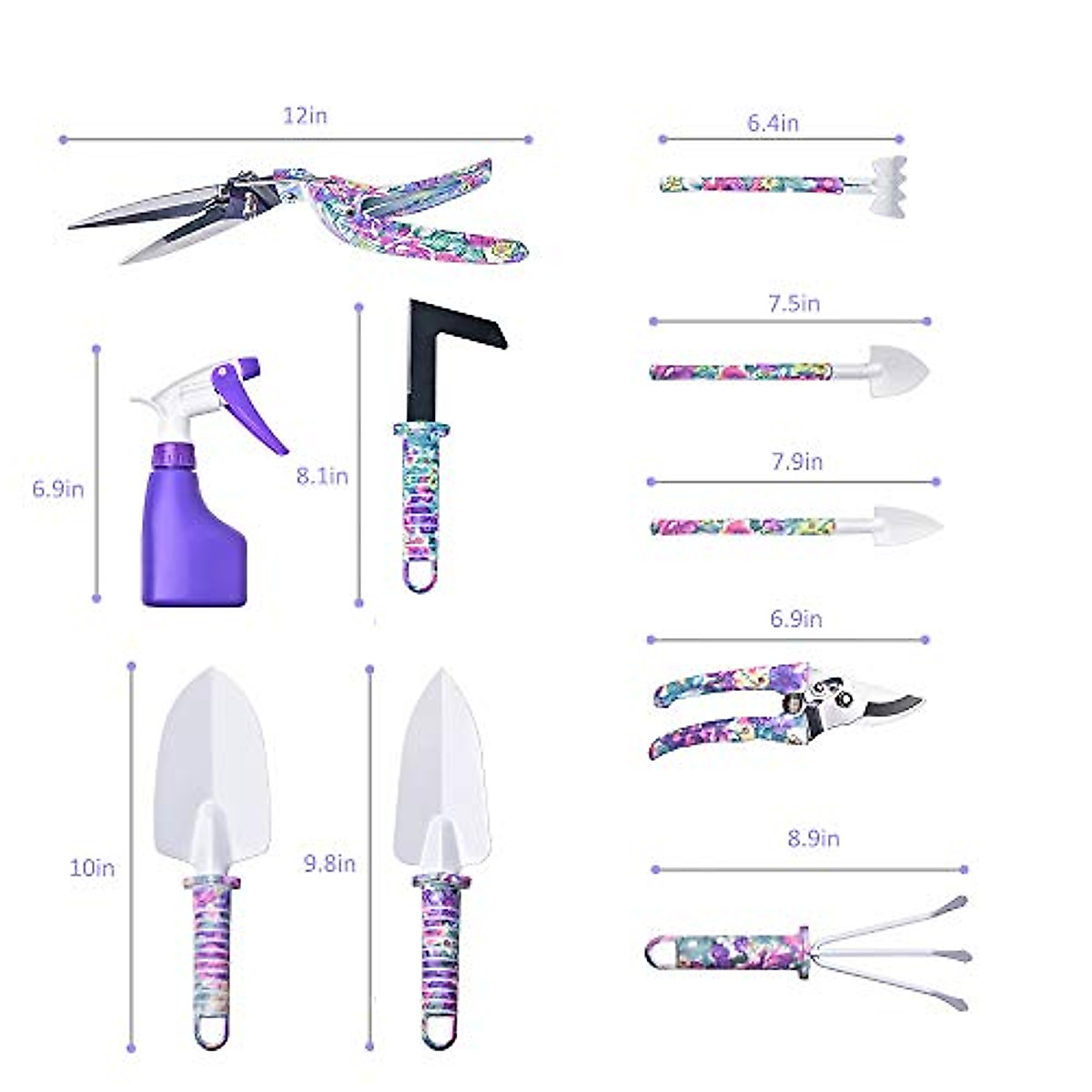 WOLFWILL 10 Pieces Garden Tool Set Gardening Tools Gift Kit Ergonomic Handle with Storage Case Anti-rust Trowel Rake Weeder Pruning Shear Sprayer Shovel