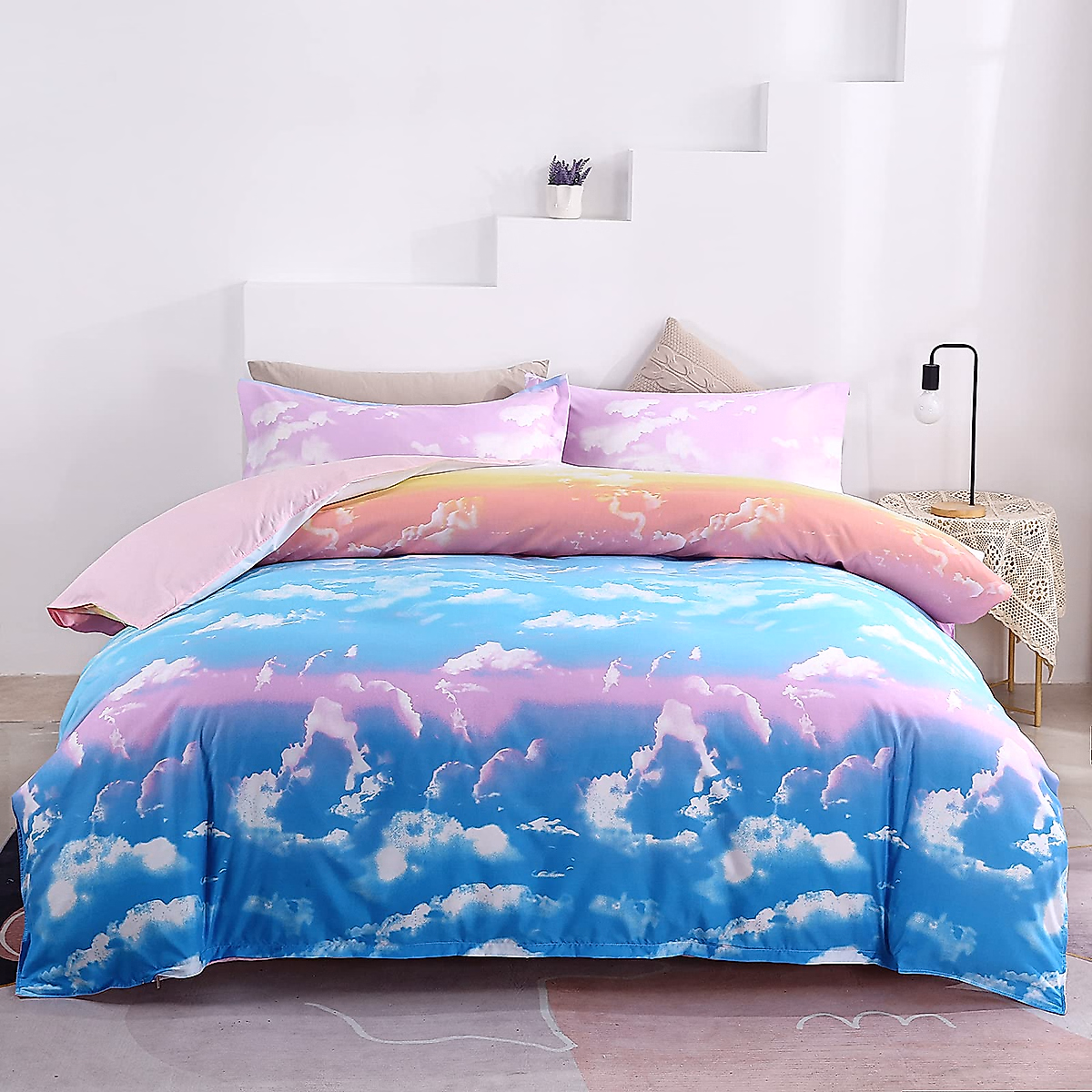 Mengersi Rainbow Duvet Cover Set Twin Size for Girls Cloud Sky Pink Blue Comforter Cover Bedding Set with Zipper Closure (1 Duvet Cover +1 Pillow Sham)