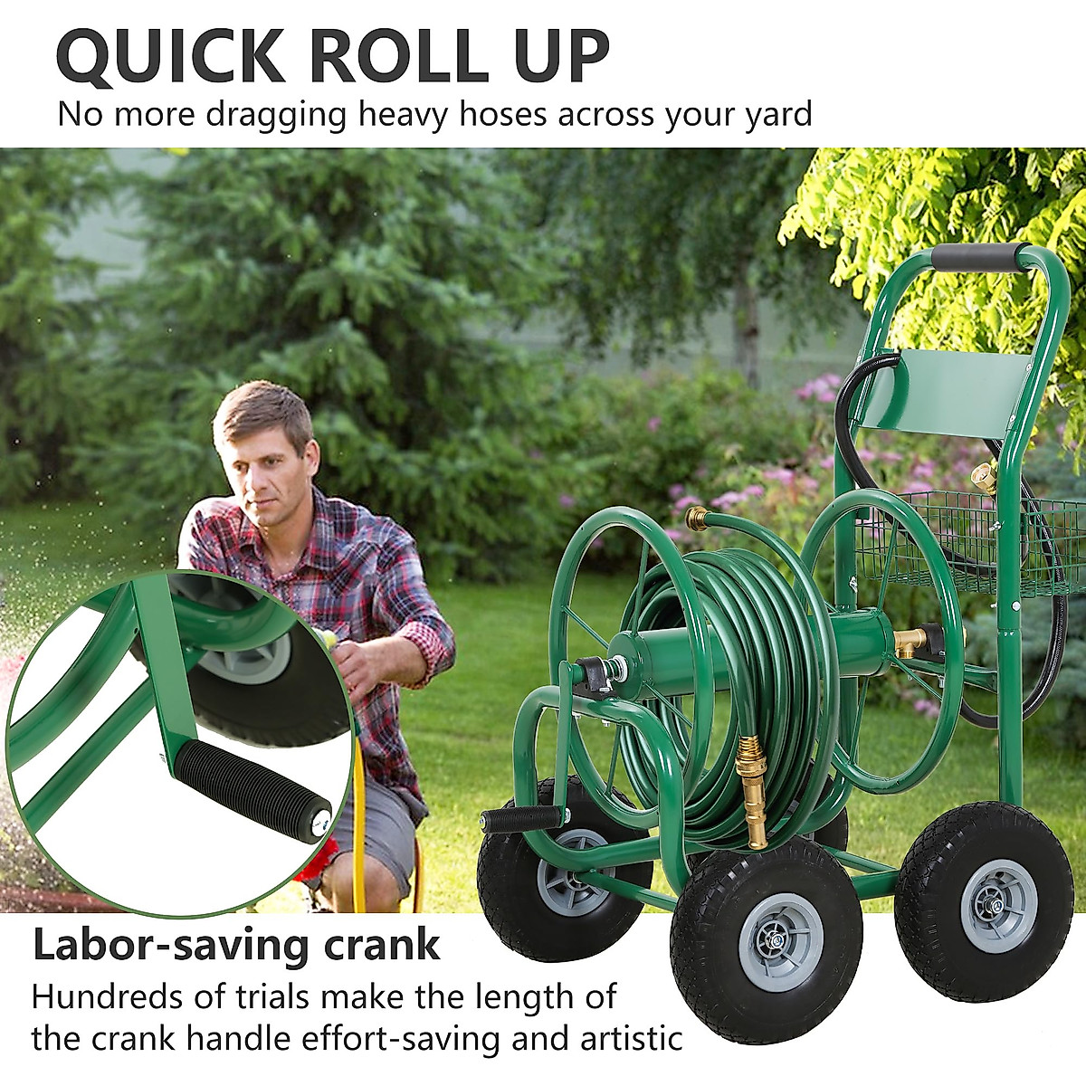 Hose Reel Hold Up To 300 Ft Heavy Duty Garden Hose Reel Sturdy Water Hose Reel Cart with 4 Wheels Storage Basket for Garden Lawn Yard Outdoor (Green)
