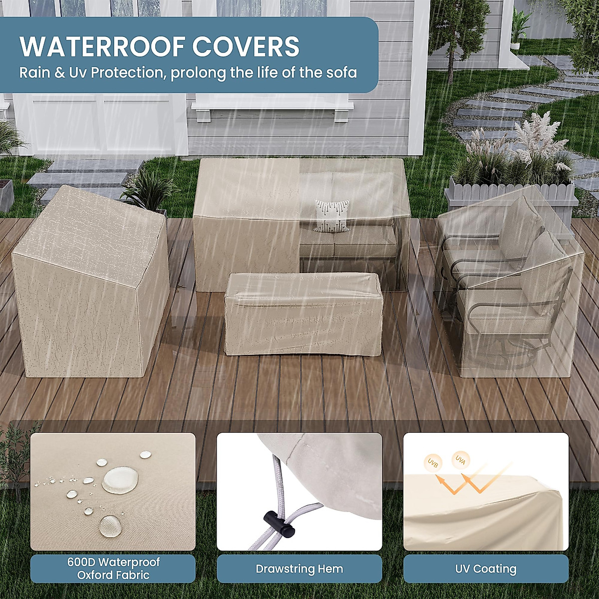 Amopatio Patio Furniture Set, 7 Pieces Metal Outdoor Furniture, Patio Conversation Sofa Sets with 5.75" Extra Thick Cushion for Backyard Deck, Grey（Include Waterproof Covers ）