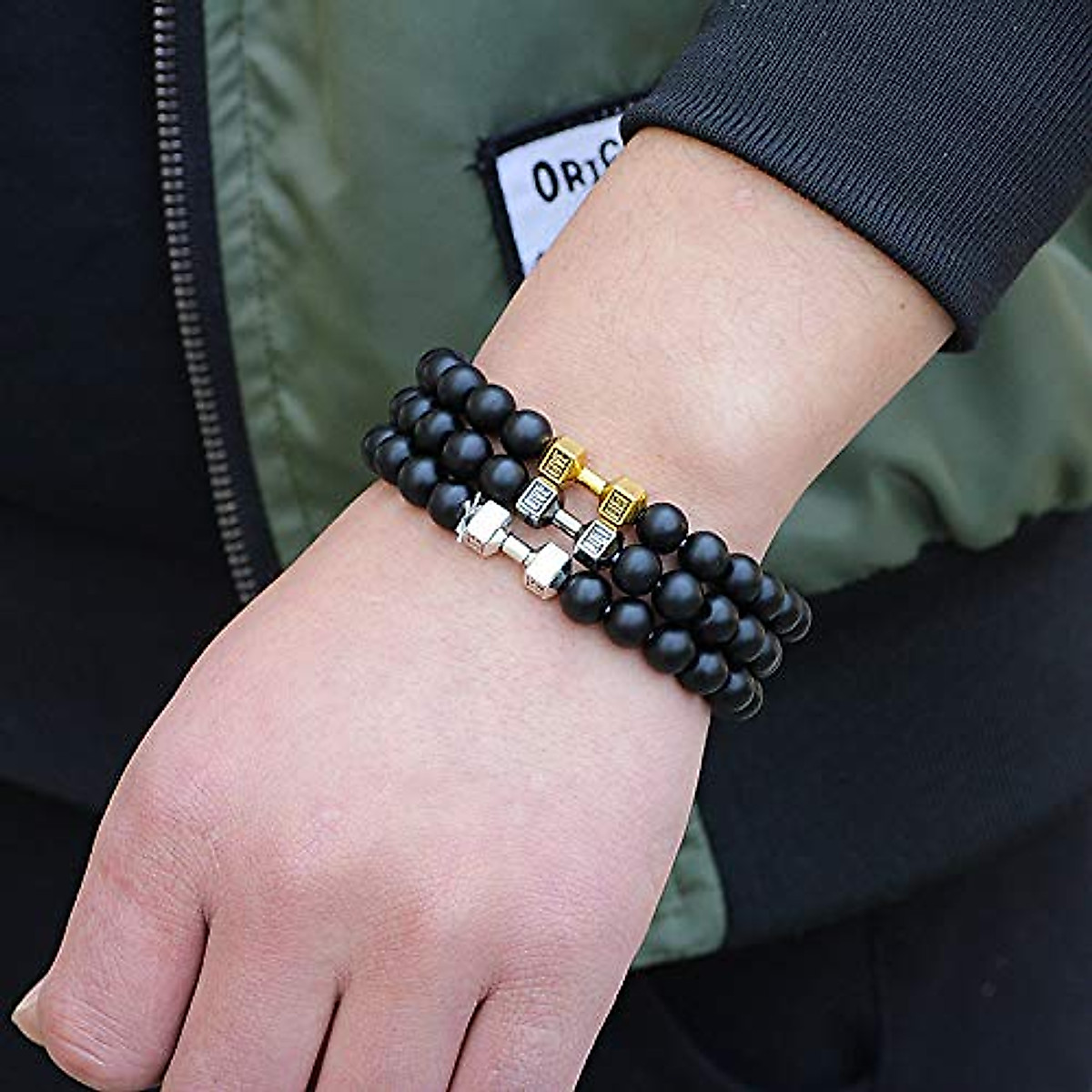 Handmade Black Dumbbell Bracelet Gym Bros Fitness Barbell Bracelet Natural Volcanic Lava Stone Adjustable Beads Bracelet Fitness Jewelry for Women (V-Black)