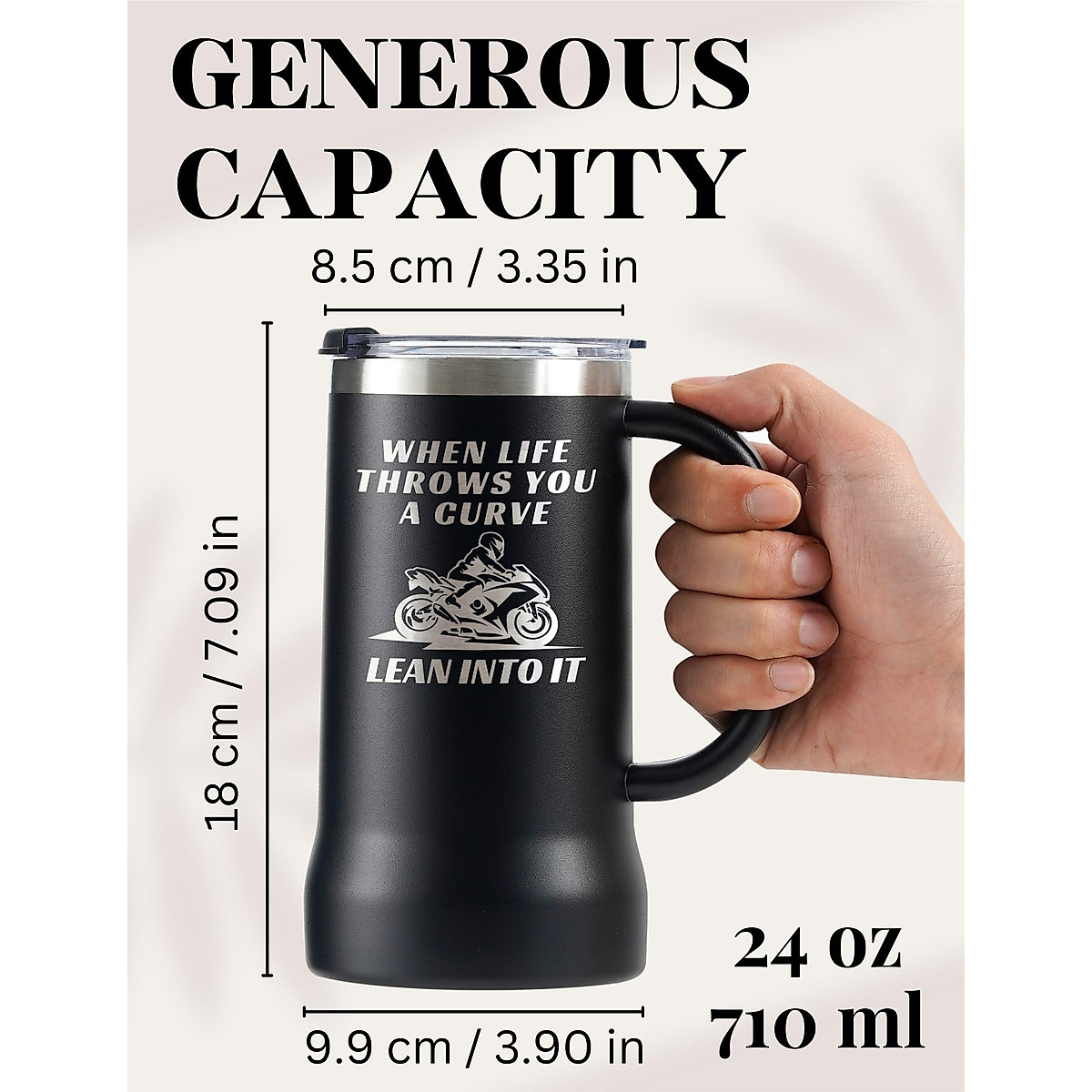 Onebttl Motorcycle Gifts for Men, When Life Throws You a Curve, Lean into it, Stainless Steel Beer Stein Tumbler, 24oz Beer Mug with Lid