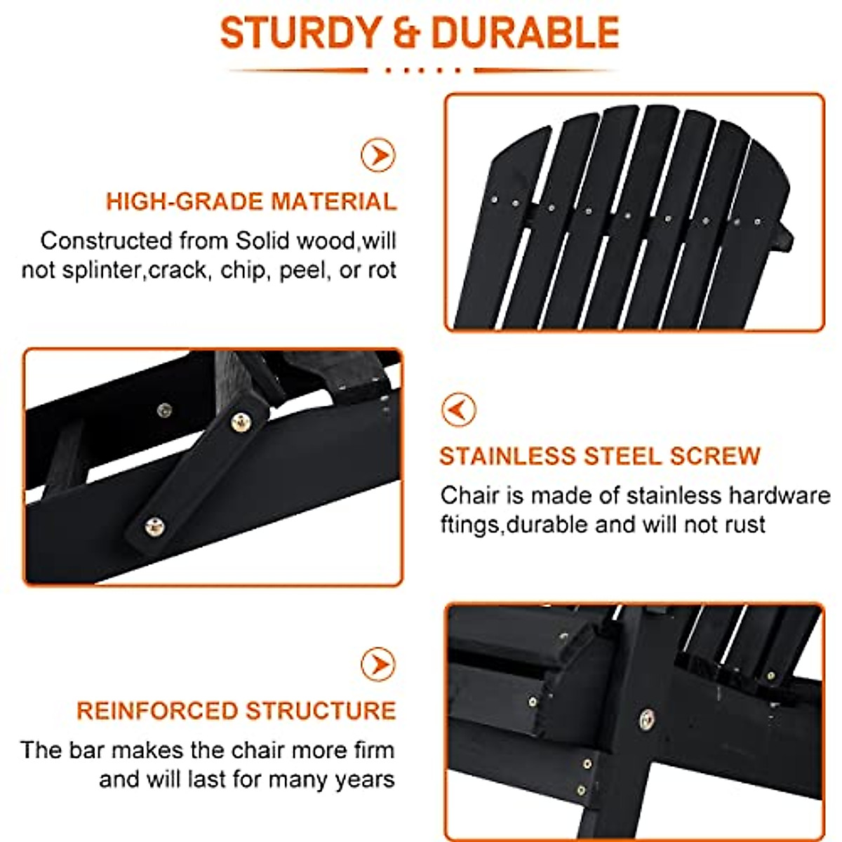 Folding Adirondack Chair Set of 2 Patio Chairs Weather Resistant Folding Outdoor Chair Solid Wooden Heavy Duty Reclining Fire Pit Chair for Deck, Lawn, Backyard, Garden-Black