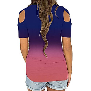 wodceeke Women's Gradient Stitching Off/Cold Shoulder Short-Sleeve T-Shirt Round Neck Plus Size Tee Summer Casual Top (Purple, XL)