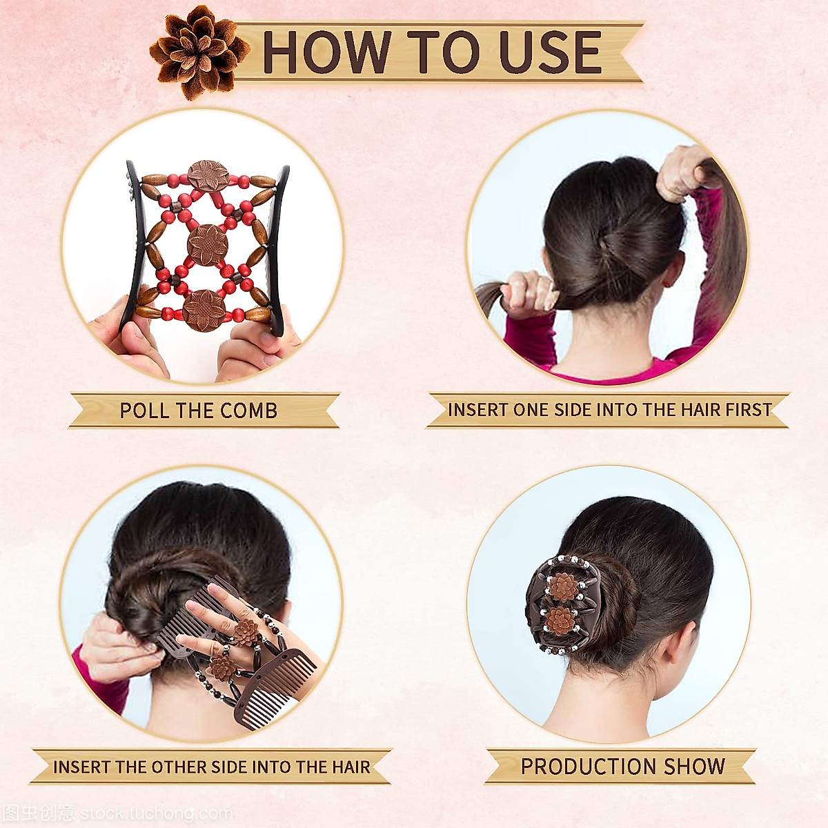 Yeshan Magic Hair Combs for Women Wood Beaded Stretch Double Hair Side Combs Adjustable Elastic Hair Clips Bun Maker Hair Accessories,Pack of 6