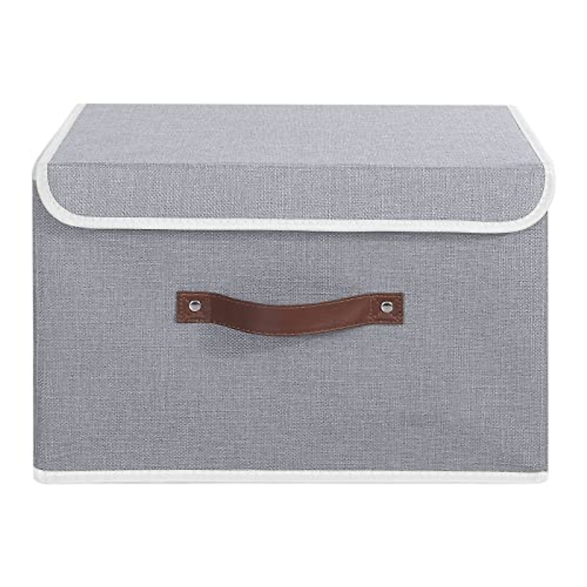 ANMINY Storage Bin with Lid Storage Boxes with PU Leather Handles PP Plastic Board Decorative Foldable Lidded Cotton Linen Fabric Home Cubes Baskets Closet Organizer Container - Gray, Large Size