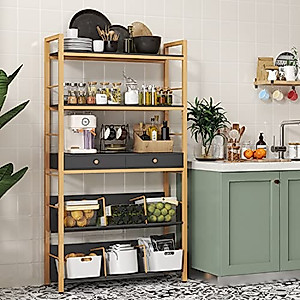 YAOHUOO Bookshelf with 2 Drawers-31.5” Widen Industrial Book Shelf with Bookend, 5 Tiers Tall Storage Shelves, Steel Frame Display Rack, Suitable for Bedroom,Office,Living Room,Bathroom