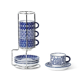 Selamica Ceramic Espresso Cups with Saucers and Metal Stand, 2.5 OZ Stackable Demitasse Cups for Espresso Latte Café Mocha Tea, Set of 4, Vintage Blue