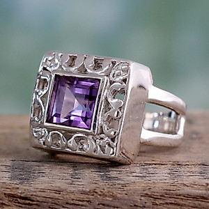 NOVICA Artisan Handmade Amethyst Cocktail Ring Sterling Silver Purple India Birthstone [crownbezel 0.6 in L x 0.6 in W] ' Soul Window'
