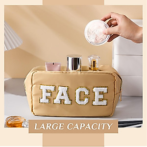 Remerry 4 Pcs Nylon Cosmetic Bag Travel Organizer Chenille Letter Makeup Pouch Zipper Preppy Waterproof Hair Bag Toiletry Pouch for Women Girls(Light Brown, Beige, Light Pink, White)