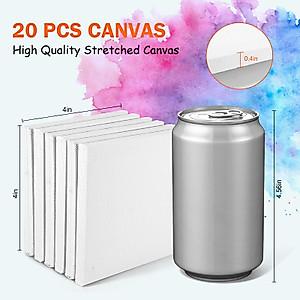 20 Pack Mini Canvases, Small Stretched Painting Canvas with Mini Easel,4x4 in Art Canvases Painting Kit with 10 Brushes & 5 Paint Tray for Kids Teenagers Acrylic Pouring Oil Water Color Gift……