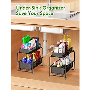 Docusvect Under Sink Organizer, 2-Tier Metal Under Cabinet Sliding Storage, Under Kitchen Sink Organizer, Under Sink Organizers and Storage with Hooks, Organizer for Bathroom Kitchen (Steel-1Pack)