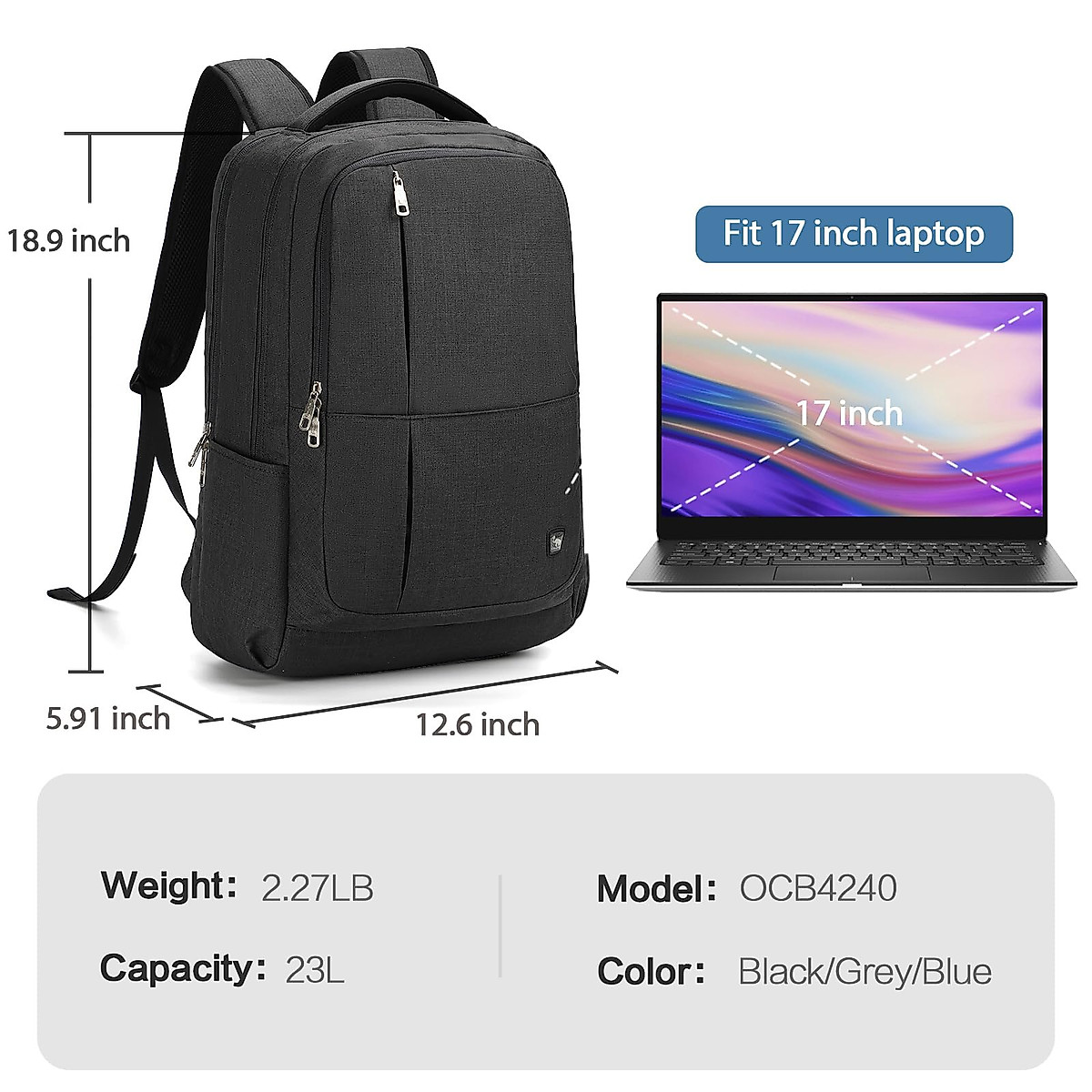 OIWAS Laptop Backpack 17 Inch for Men Business Bagpack Women Travel Daypack Large College School Bookbag Teens(Black)