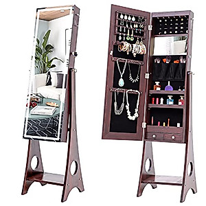 BOSTANA 6 Led Jewelry Cabinet Mirror Standing, Jewelry Organizer Touch Control & 4 Adjustable Angle,Full Length Mirror Jewelry Armoire With Storage Rack & Lockable Mirror For Livingroom,Gift
