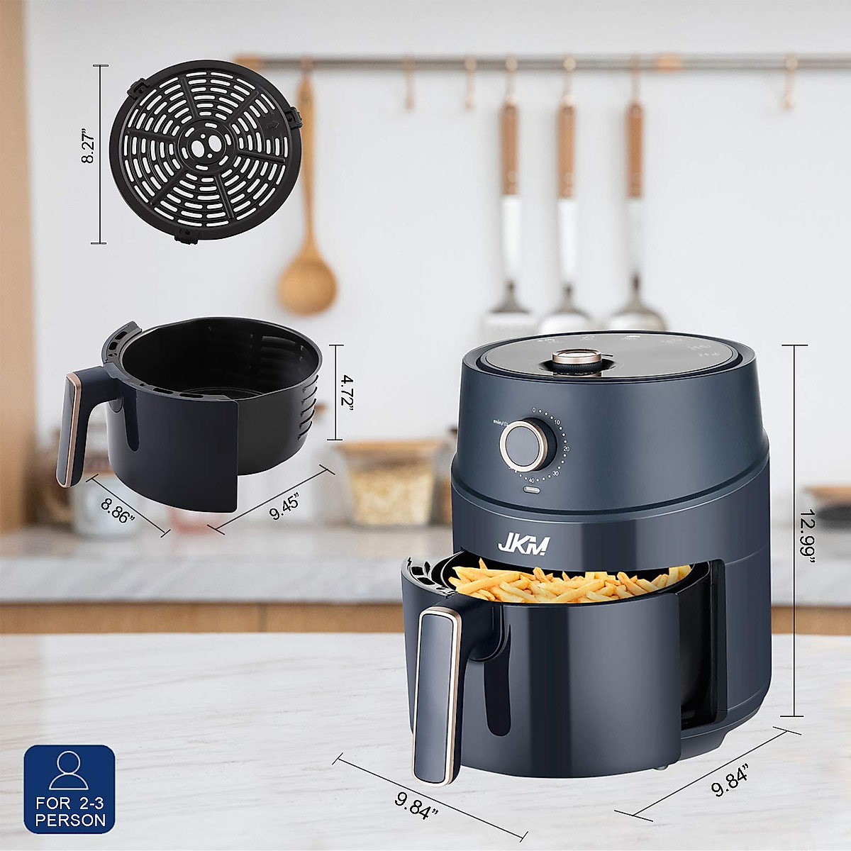 JKM Air Fryer 4.7 Quart, mechanical Air Fryer Oven, Adjustable Timer & Temp, No Oily Smoke Frying Cooking, Auto Shut Off, 1500W, Navy Blue