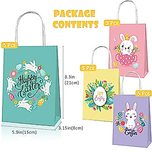 20 Pieces Happy Easter Day Treat Bags with Handles Large Goodie Gift Bags Recycled Cardboard Bags for Kids School Classroom Party Favor Supplies Decor Bunny and Eggs Easter Basket Containers