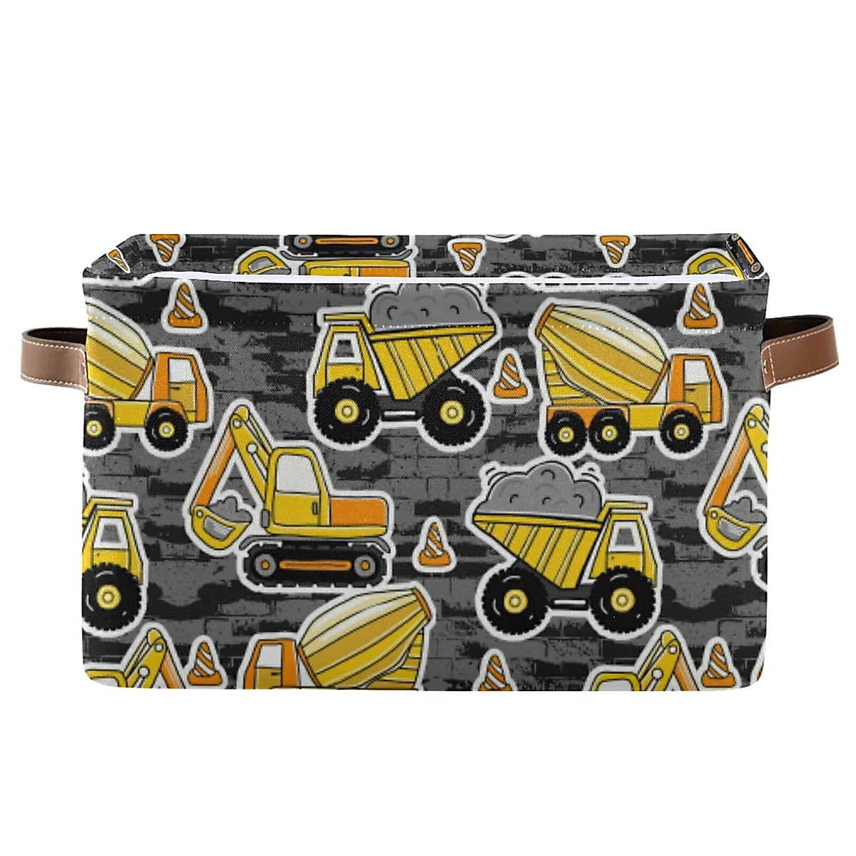 Construction Yellow Machinery with Truck Crane and Bulldozer Grey Rectangular Storage Basket Bin, Collapsible Storage Box with Leather Handles, Nursery Baskets Organizer for Kitchen, Kids Toy