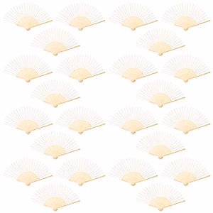URATOT 24 Pieces White Folding Fans Silk Bamboo Folding Fans Handheld Fans for Wedding, Party Decoration