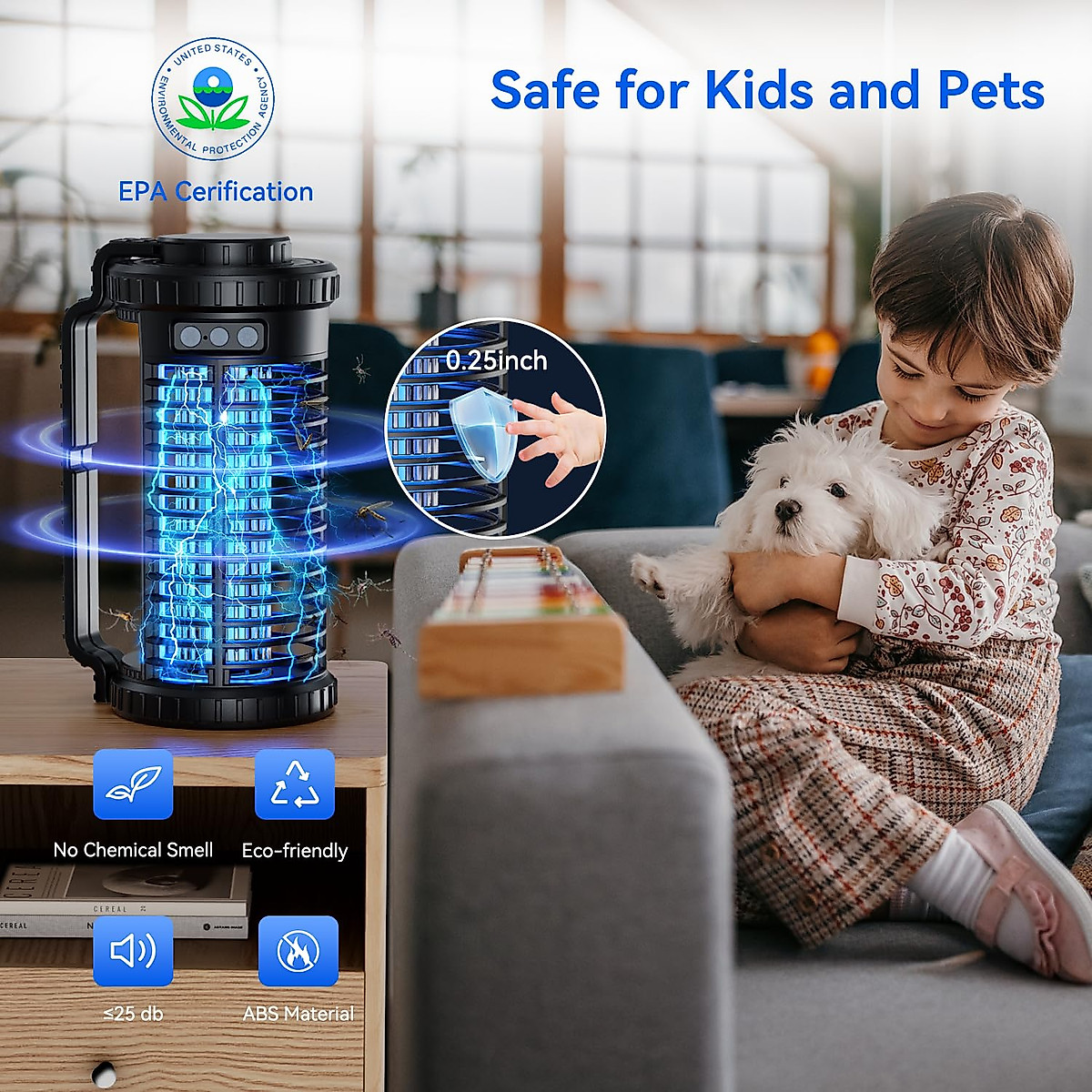 Solar Bug Zapper Outdoor, 4800V Effective Mosquito Zapper Indoor, Cordless Rechargeable Fly Zapper with 4000mAh Battery, IP66 Waterproof Insect Zapper for Outside, Patio, Backyard, Garden