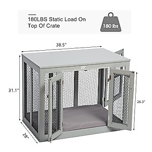 IDEE Furniture Style Dog House Dog Crate with Double Doors, Cushion and Tray, Wooden End Table Indoor Pet Bed for Large Dogs (Large, Gray)