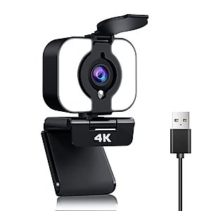 4K Webcam, USB Webcam with Microphone Privacy Cover UHD Built-in Ring Light Streaming Webcams for PC/MAC/Laptop, Plug and Play Web Camera for Video Calling, Study, Gaming, Online Classes, Conference