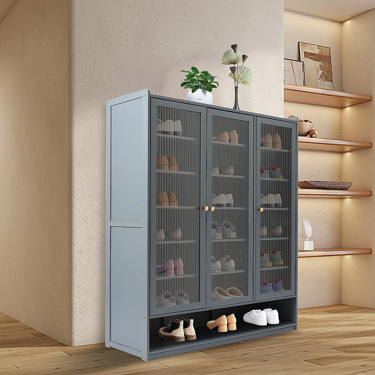 HaoYunNe 8 Tier Shoe Cabinet Entryway Shoe Rack Shelf with Doors Wooden Freestanding Shoe Organizer for Hallway Patio Living Room Bedroom Office,35.8x12.6x42.1 in, Loading 33 lbs per Layer