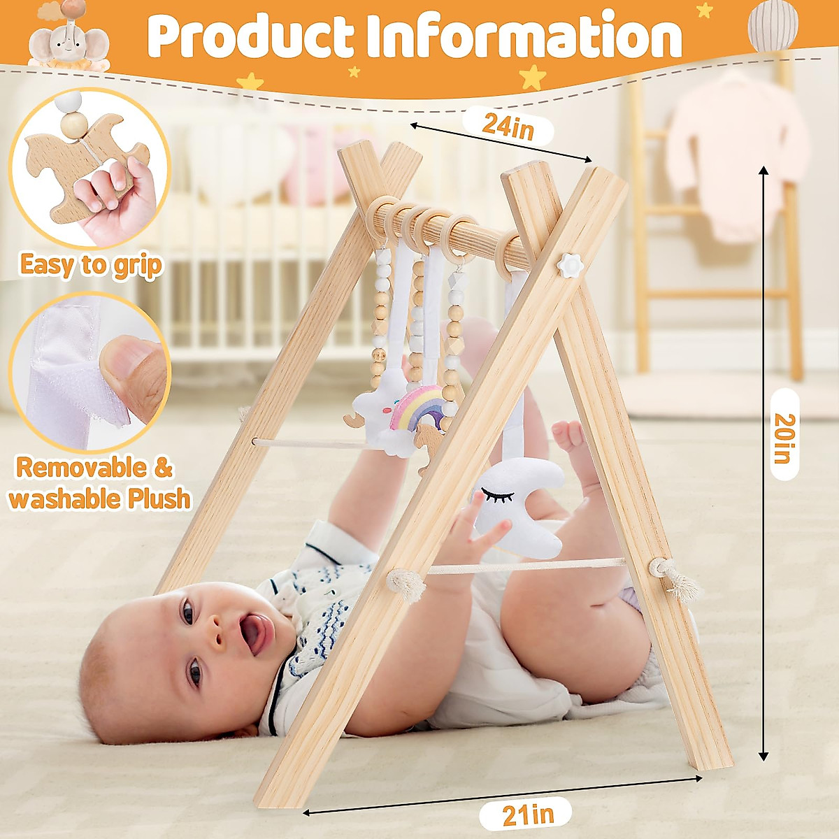 KIZZYEA Wooden Baby Play Gym, Infant Activity Gym for 0-3-6-12 Months, Wooden Foldable Frame Bar, Baby Activity Center, Newborn Montessori Gift for Boys Girls Ages 0 Month+