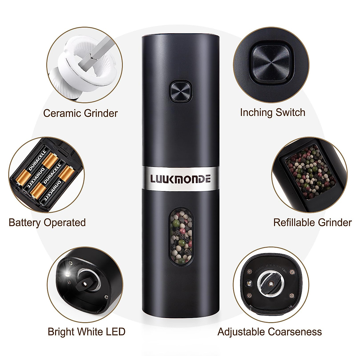 LUUKMONDE Electric Salt and Pepper Grinder, Salt and Pepper Kitchen Grinders, Battery Operated Automatic Pepper Mill Grinder with LED Light, Adjustable Coarseness, One Hand Operation