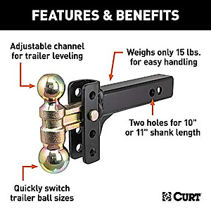 CURT 45903 Slim Adjustable Trailer Hitch Ball Mount, Fits 2-Inch Receiver, 3-3/4-In Drop, 2 or 2-5/16-Inch Balls, 10,000 Pounds, Black