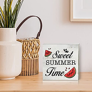 Sweet Summer Time Wood Box Sign Home Decor Rustic Summer Watermelon Wooden Box Sign Block Plaque for Wall Tabletop Desk Home Kitchen Decoration 5" x 5"