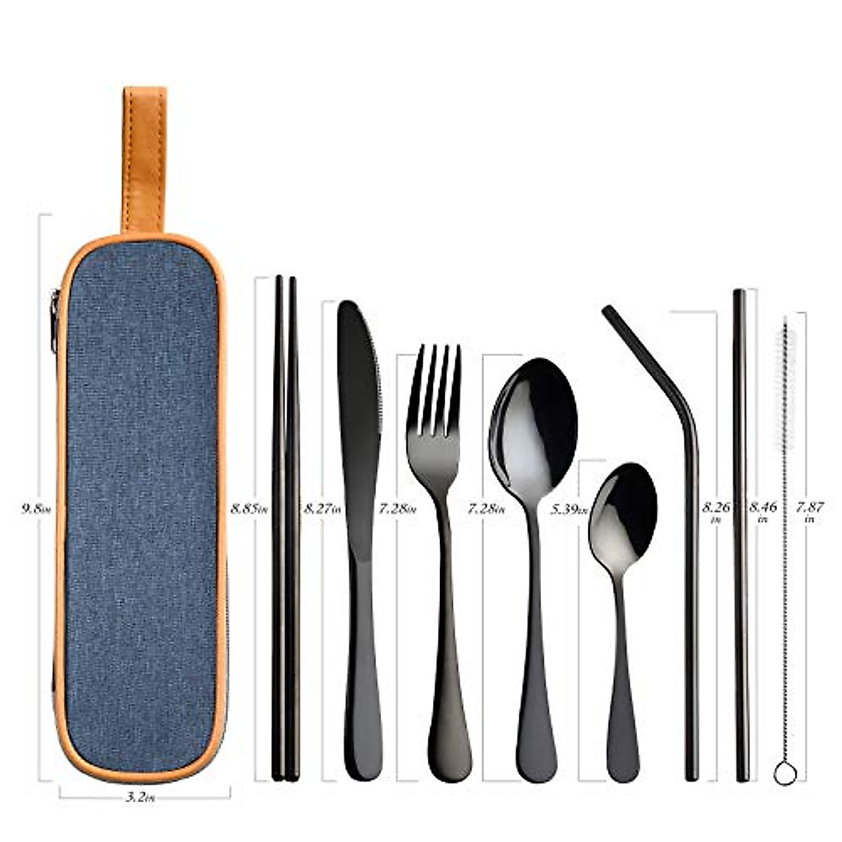 EvaCrocK Travel Utensils with case | 9-Piece Reusable Utensils, Stainless Steel Portable Silverware Travel Cutlery set, Camping Flatware Utensil sets for Lunch [9 Piece Black]