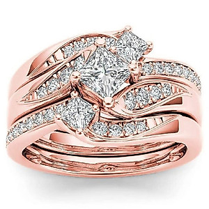 COSJOOHY Anniversary Promise Wedding Band Women's Two Tone Rings Rose Gold Three Stone Round Cut Engagement Ring Sterling Silver Halo Bridal Ring Set (7, rose gold)