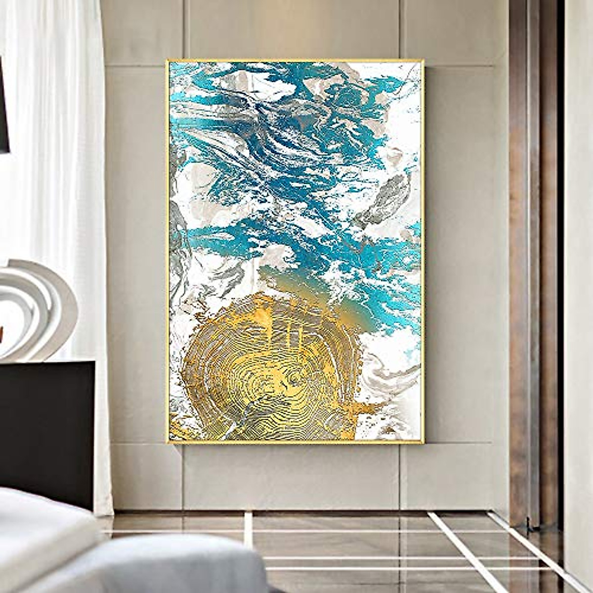 Abstract Blue with Gold Paintings Hand Painted Oil Painting On Canvas Fashion Modern Wall Art for Living Room,31inx47in,No Frame