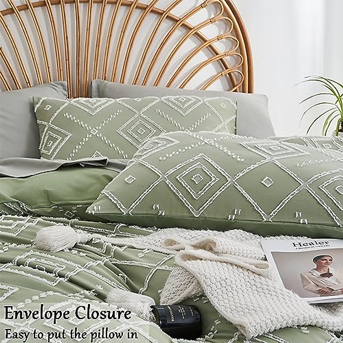 Senville Tufted Duvet Cover Queen Size,Jacquard Geometric Pattern,Soft Lightweight Green Duvet Covers Set for All Seasons,3 Pieces Boho Shabby Chic Bedding Set with Zipper Closure(Green,Queen)