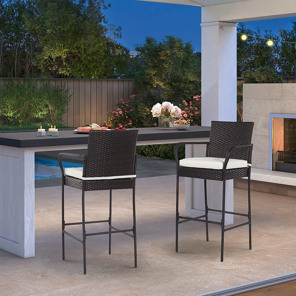 PayLessHere 30" Patio Bar Stools Set of 2 Wicker Outdoor Bar Chairs Rattan Chairs All-Weather Patio Furniture with Footrest Armrest and Khaki Cushion for Garden Pool Lawn Backyard, Brown