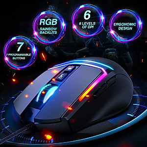 BENGOO Wired Gaming Mouse, PC Computer Mice USB Mouse with 6 RGB LED Modes, High-Precision 6 Adjustable DPI Up to 8000, 7 Programmable Buttons, Ergonomic Optical Mouse for Windows PC Mac Laptop Gamer