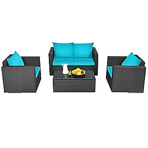 Tangkula 4 Piece Patio Rattan Conversation Furniture Set, Outdoor Wicker Sofa Set with Padded Cushion & Tempered Glass Coffee Table, Wicker Sectional Sofas and Table for Courtyard (1, Turquoise)