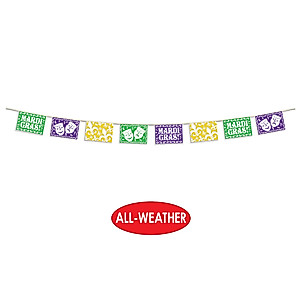 Beistle Weather Plastic Picado Style Pennant Banner Mardi Gras Photography Background Party Decorations New Orleans Hanging Décor, 8" x 12', Green/Yellow/Purple