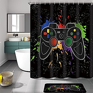 Izayoi 4pcs Black Shower Curtain Sets with Non-Slip Rugs Toilet Lid Cover and Bath Mat Waterproof Kids Shower Curtains with 12 Hooks for Boys Bathroom Décor