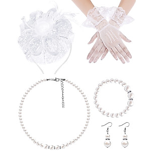Bniksok 5 Pack White Fascinators Hat for Women Tea Party Veil Mesh Headband Feather Derby Hat Lace Gloves Pearl Jewelry Set for 1920s Party