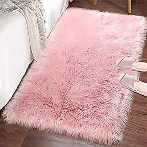 LOCHAS Soft Fluffy Faux Fur Rugs for Bedroom Bedside Rug 2x3, Washable Furry Area Rug Carpet for Living Room Dorm Floor, Durable Faux Throw Carpets, Pink