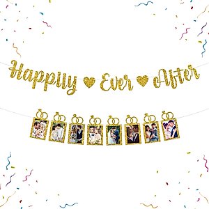 WeBenison Happily Ever After Photo Banner Wedding Decor Banner with Photo Frame Bridal Shower Bunting Decorations Bachelorette Party Picture Banner Gold Glitter