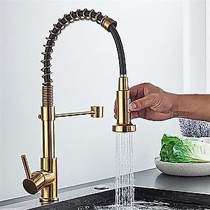 Brushed Gold Kitchen Faucet Pull Down 2-Way Spray Single Handle Hot Cold Water Mixer Tap 360 Rotation Mixer Tap